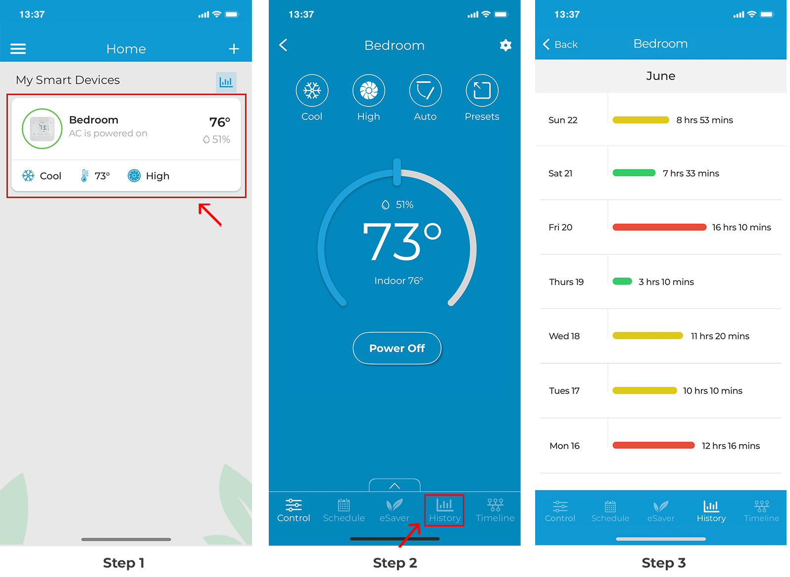 How can I check the usage history of my air conditioner/heat pump connected to Cielo Breez Max ...